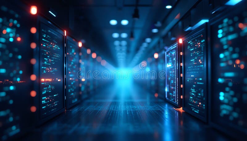 Blue Illuminated Servers Room with Blue Lighting Data Center Stock ...