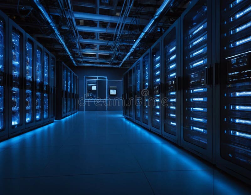Server Room with Blue Lighting and Rows of Server Racks Stock Image ...