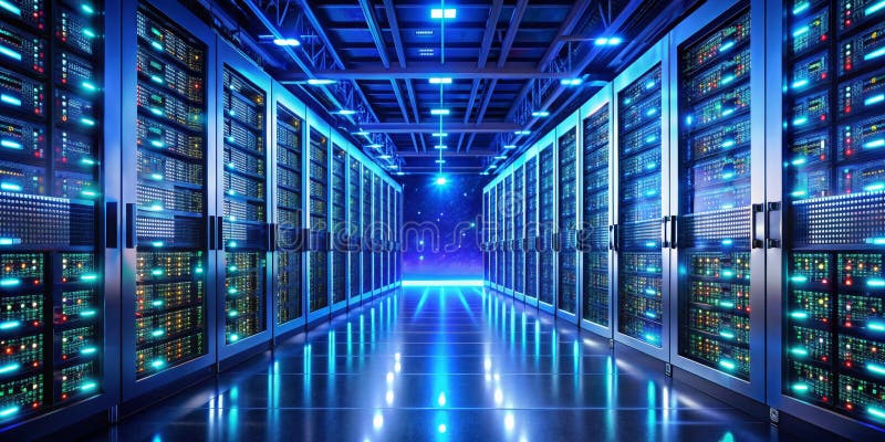 Server Room with Blue Lights, Computer Network, Data Center, Technology ...