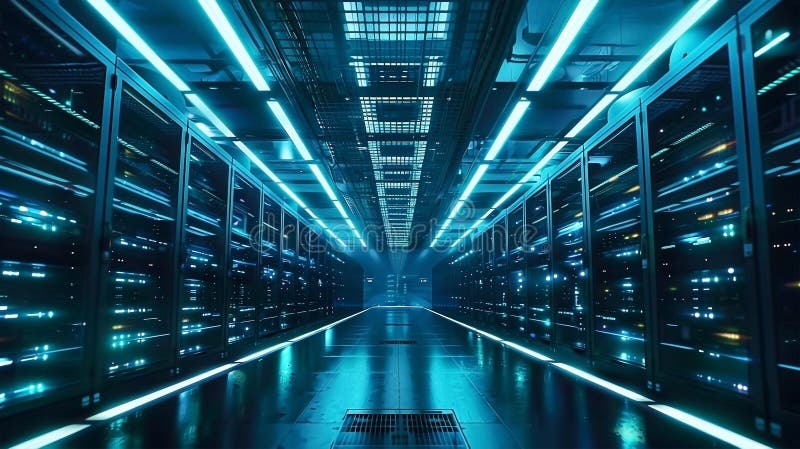 Server Room with Blue Lights - Data Center Interior Stock Illustration ...