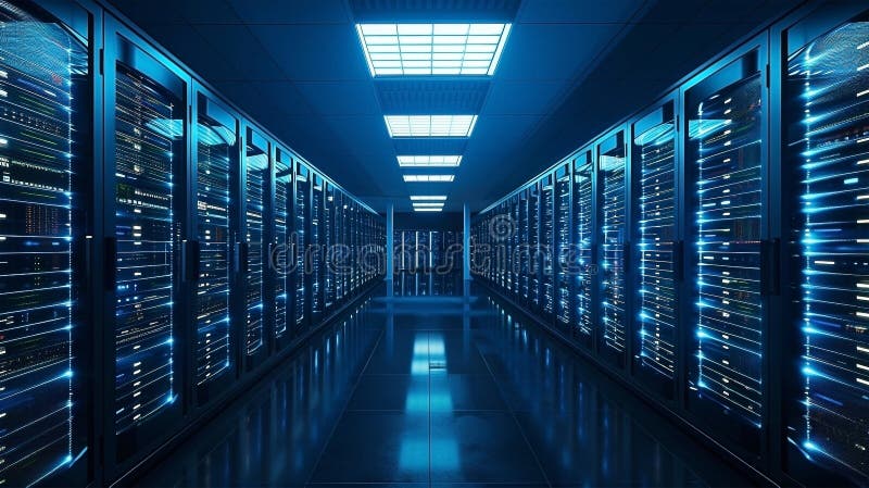 Server Room with Blue Lights - Data Center Interior Stock Illustration ...