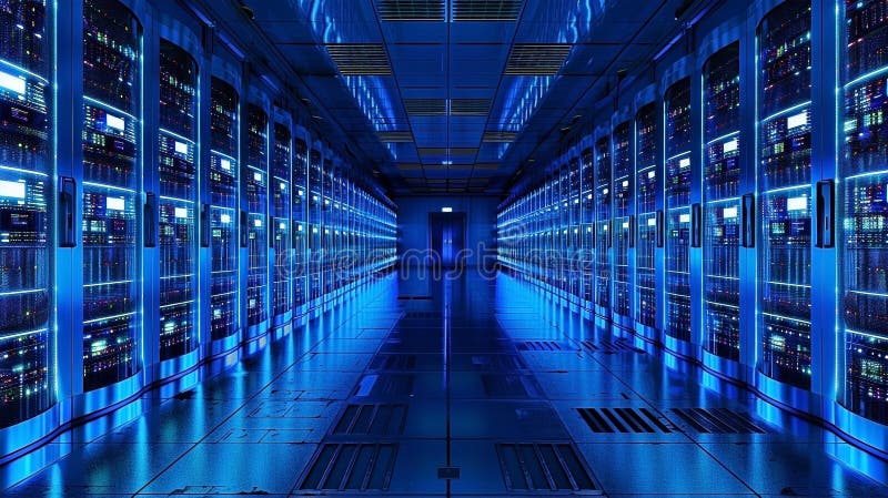 Server Room with Blue Lights - Data Center Interior Stock Illustration ...