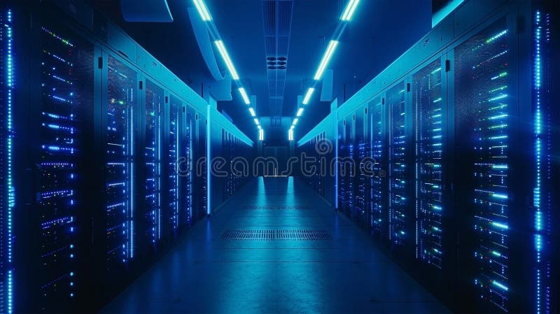 Server Room with Blue Lights - Data Center Interior Stock Illustration ...