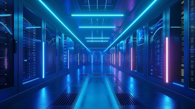 Server Room with Blue Lights - Data Center Interior Stock Illustration ...