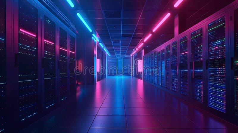 Server Room with Blue Lights - Data Center Interior Stock Illustration ...