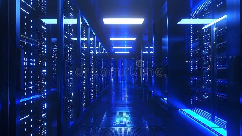 Server Room with Blue Lights - Data Center Interior Stock Illustration ...