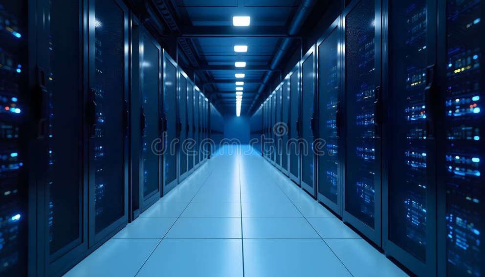 Server Room with Blue Lights, Data Center with Rows of Servers, Data ...