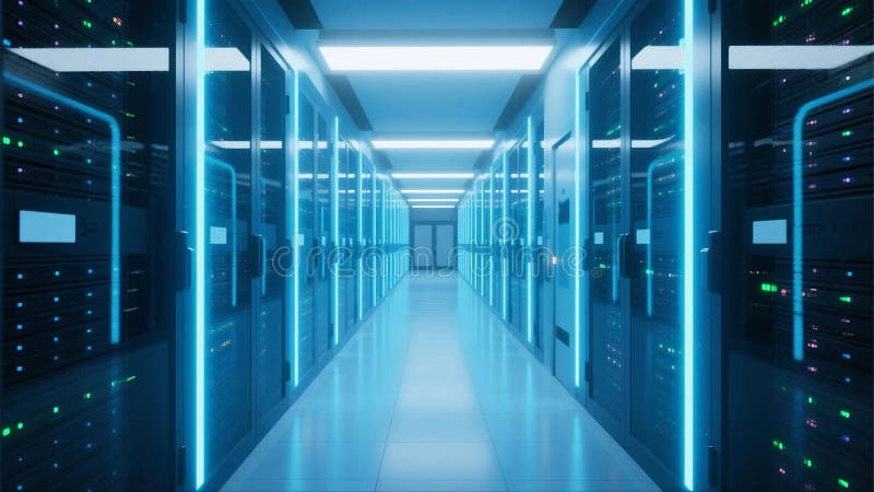 Server Room with Blue Lights Stock Illustration - Illustration of rows ...