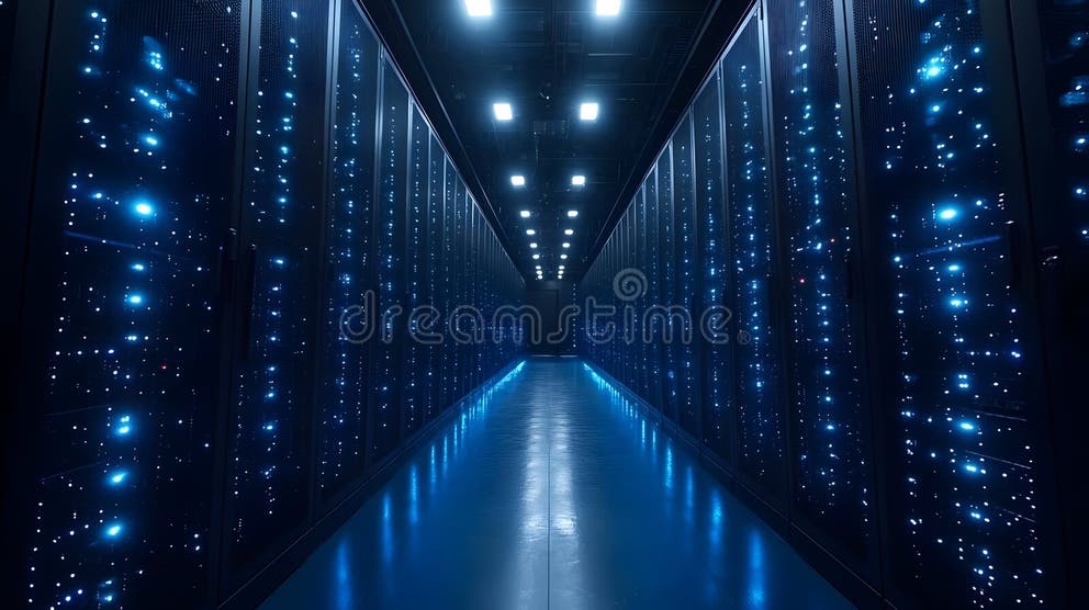 Server Room with Blue Lights - a Realistic Image Stock Photo - Image of ...
