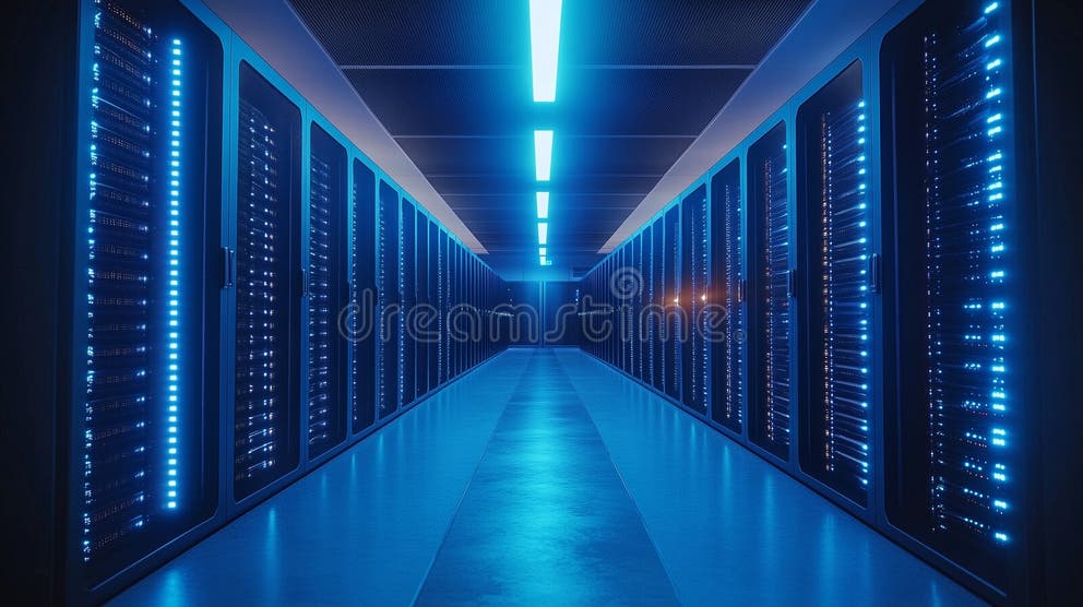 Illuminated Server Room with Blue Lights and Reflective Floor Surface ...