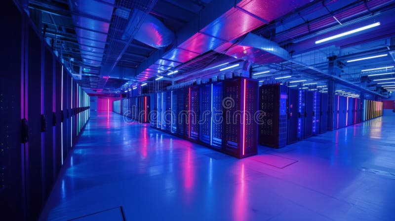 Server Room with Blue and Pink Lighting Stock Photo - Image of center ...