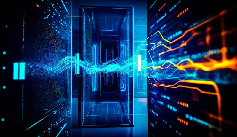 Server in Server Room with Blue and Yellow Lines Coming Out of it ...