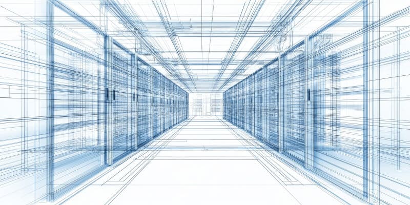 Server Room Blueprint Detailed Blue Architectural Wireframe Data Center ...