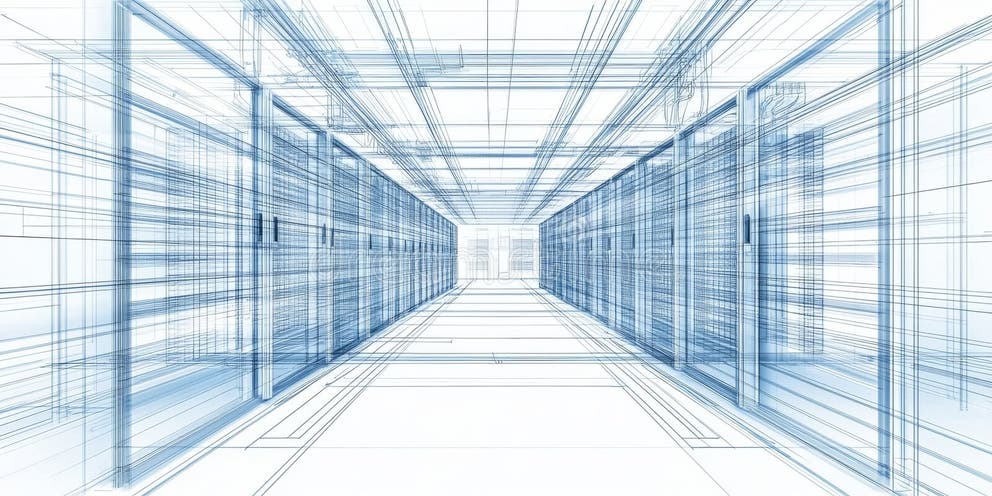 Server Room Blueprint Detailed Blue Architectural Wireframe Data Center ...