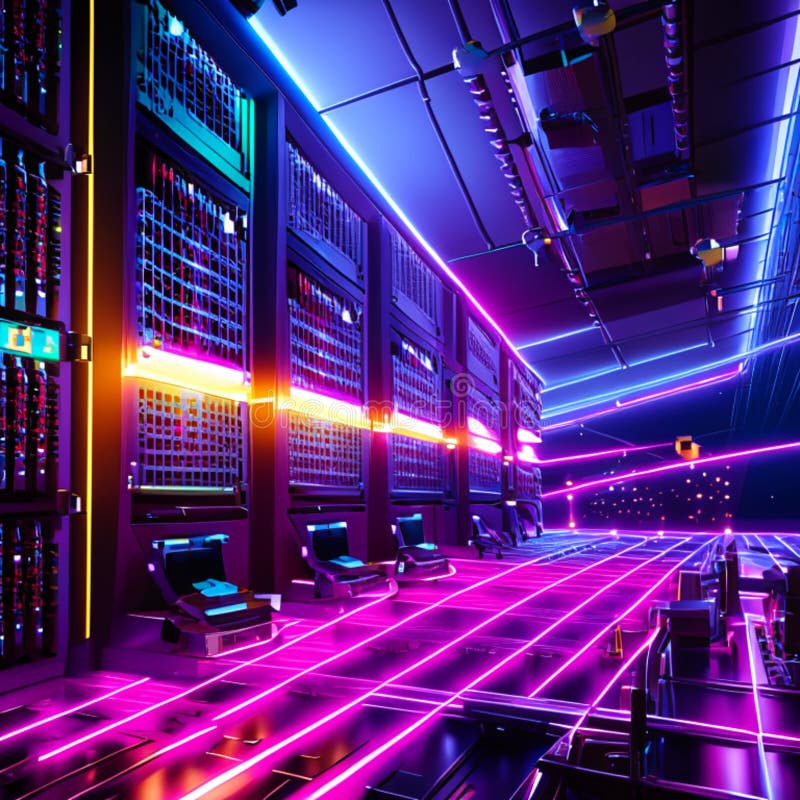 Server Room with Bright Neon Lights. 3d Rendering, 3d Illustration ...