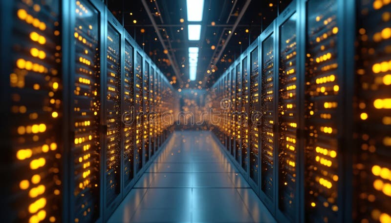 Server Room with Bright Yellow Lights, Technology Servers. Data Center ...