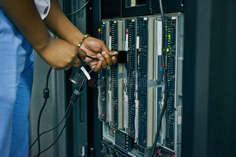 Server Room, Cables or Hands of Technician with Hardware for Online ...