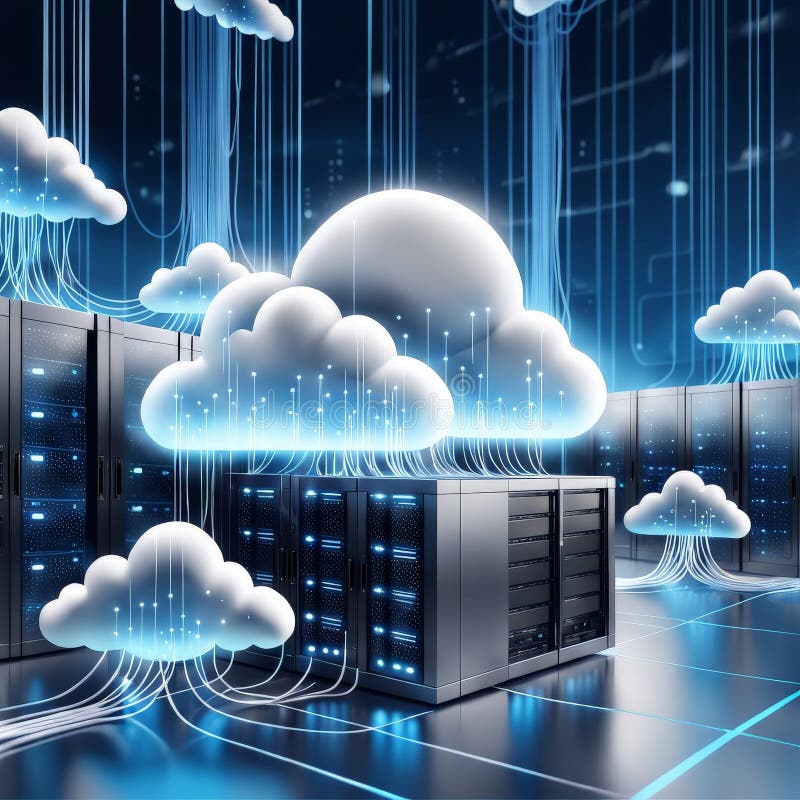Server Room in the Center with Cloud Computing Stock Illustration - Illustration of cloud ...