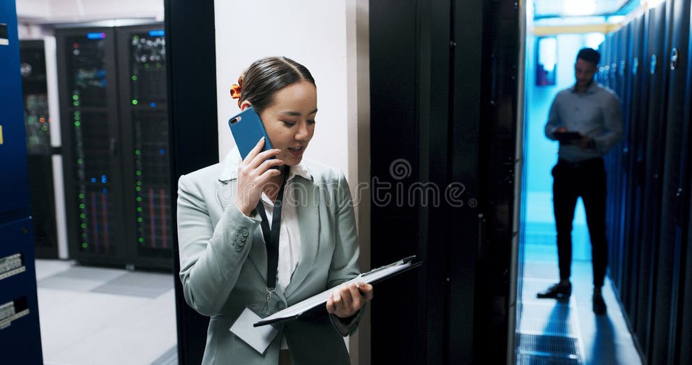Server Room, Clipboard or Woman with Phone Call for Technology or ...