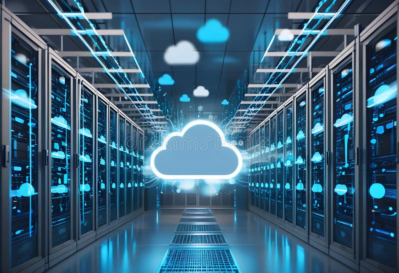 Server Room with Cloud on Ceiling Modern Technology Data Center Concept ...