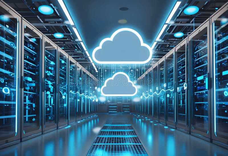 Server Room with Cloud on Ceiling Modern Technology Data Center Concept ...