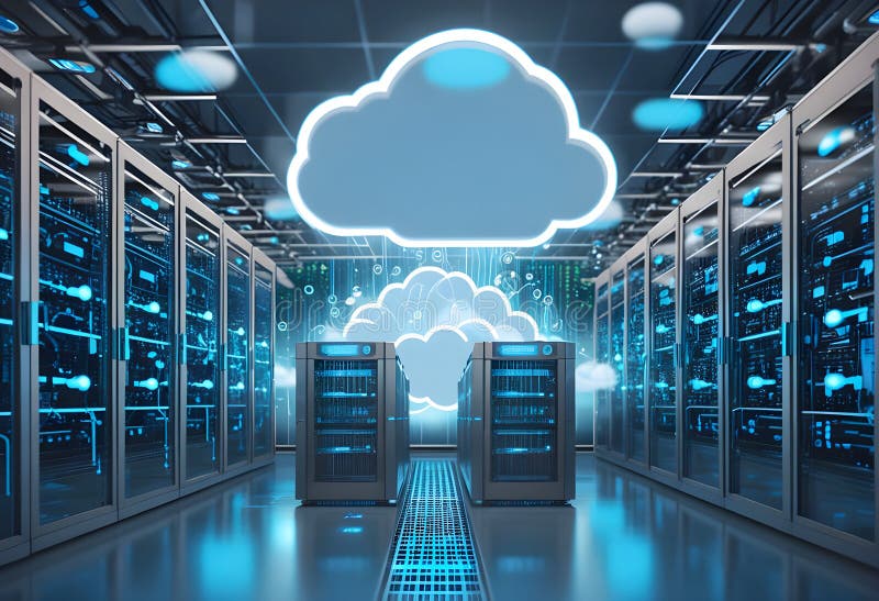 Server Room with Cloud on Ceiling Modern Technology Data Center Concept ...