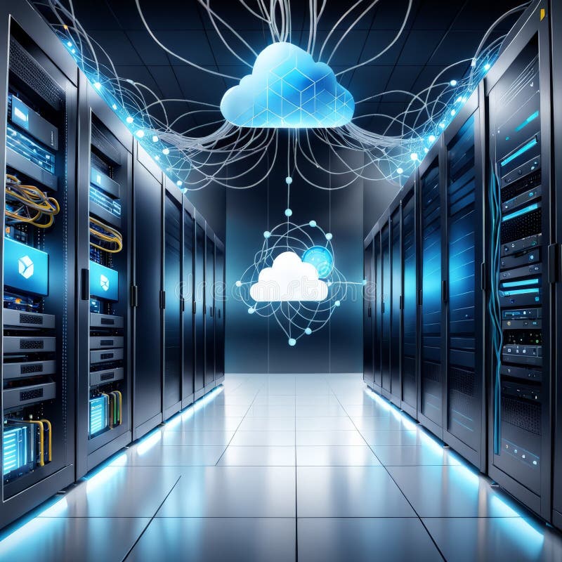 Server Room and Cloud Computing Concept. 3d Image Stock Illustration - Illustration of blue ...