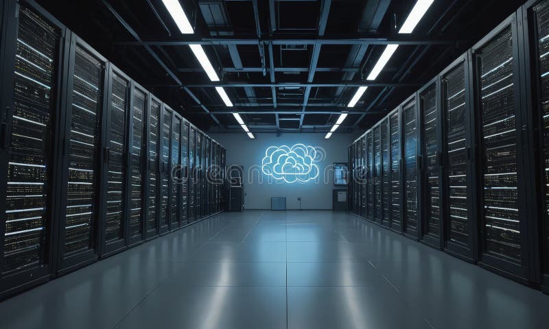 Server Room with Cloud Computing Logo Stock Illustration - Illustration ...