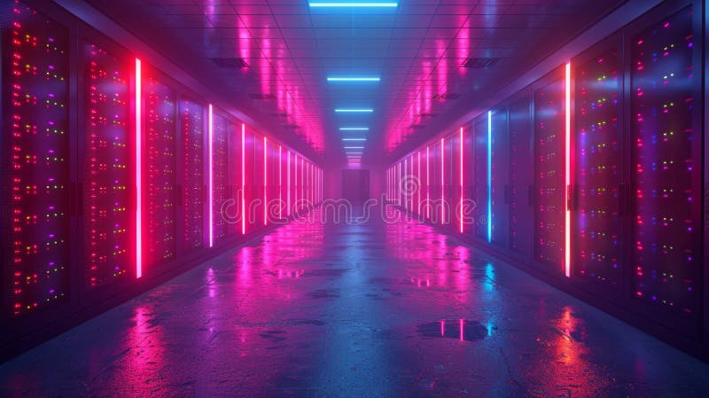 Server Room with Colorful Neon Lights, Futuristic Technology Concept ...