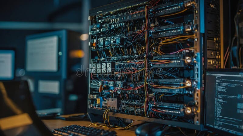 Server Room with Complex Wired Hardware Systems Stock Illustration ...