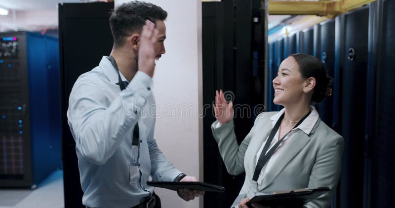 Server Room Computer Coding And People High Five Teamwork Or Success For Cybersecurity