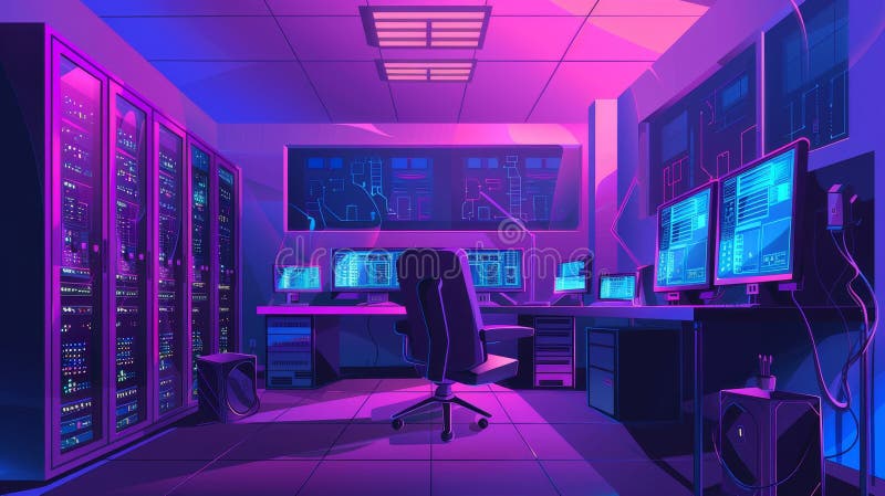 Server Room with Computer Monitors, Chairs, and Server Hardware. Modern ...