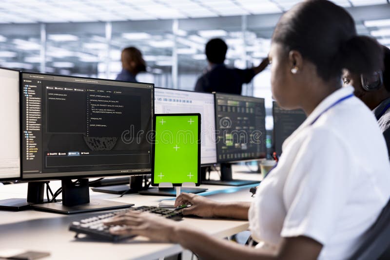 Server Room Computer Scientist Using Green Screen Tablet Stock Image ...