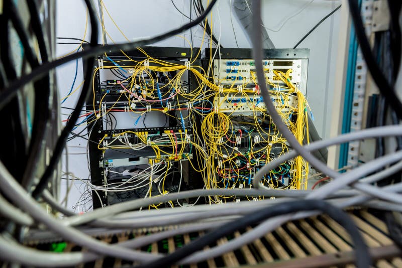 Server Room with Computers for Internet. Network Cables Connected To ...