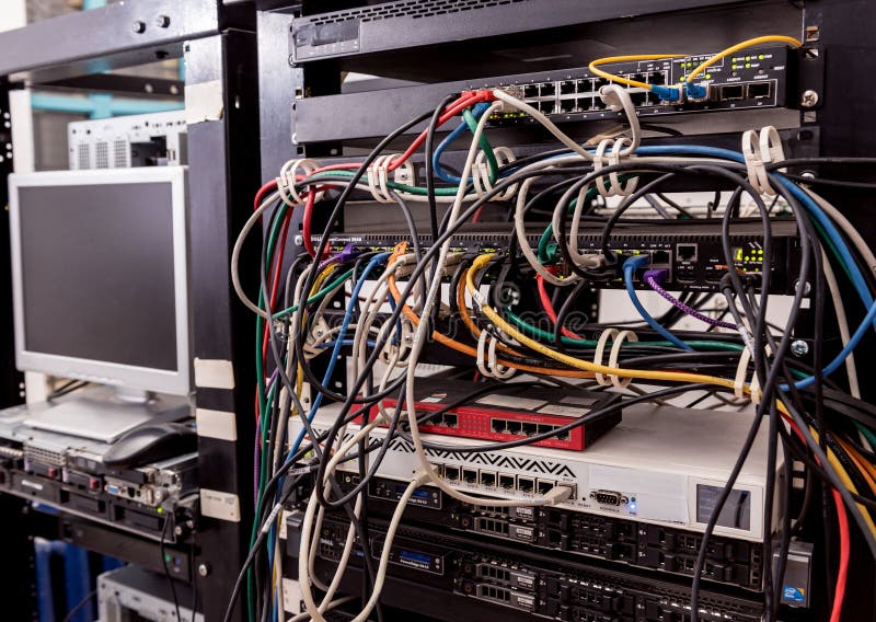 Server Room with Computers for Internet. Network Cables Connected To ...