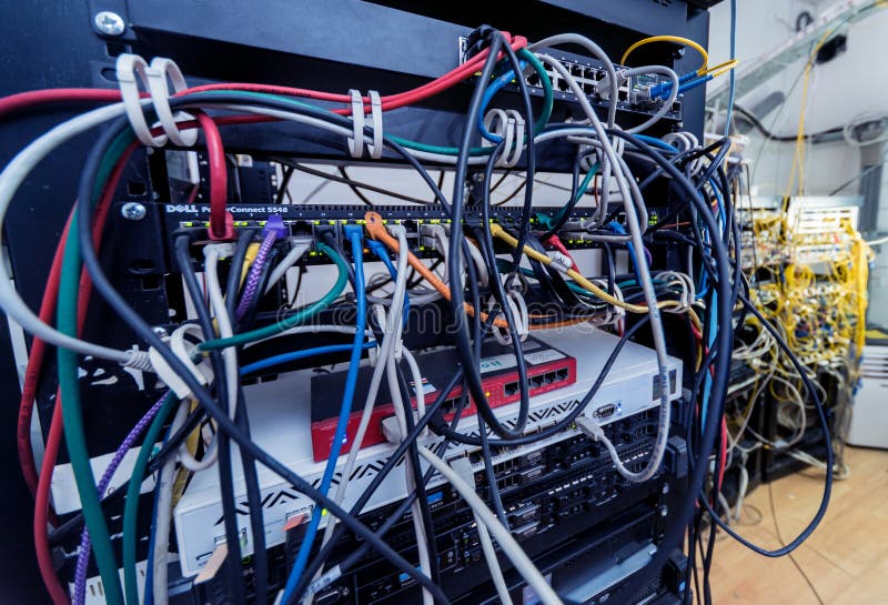Server Room with Computers for Internet. Network Cables Connected To ...