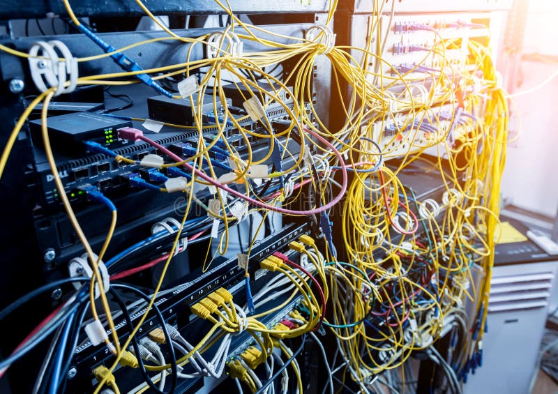Server Room with Computers for Internet. Network Cables Connected To ...