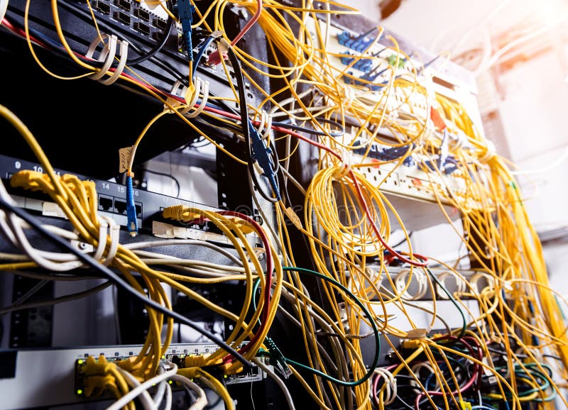 Server Room with Computers for Internet. Network Cables Connected To ...