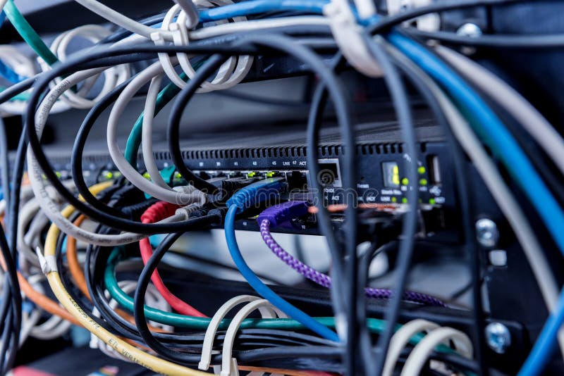 Server Room with Computers for Internet. Network Cables Connected To ...
