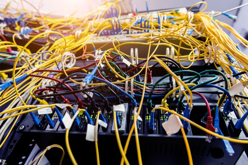 Server Room with Computers for Internet. Network Cables Connected To ...