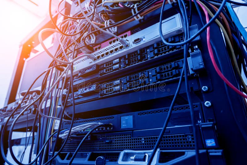 Server Room with Computers for Internet. Network Cables Connected To ...