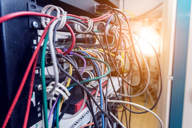 Server Room with Computers for Internet. Network Cables Connected To ...