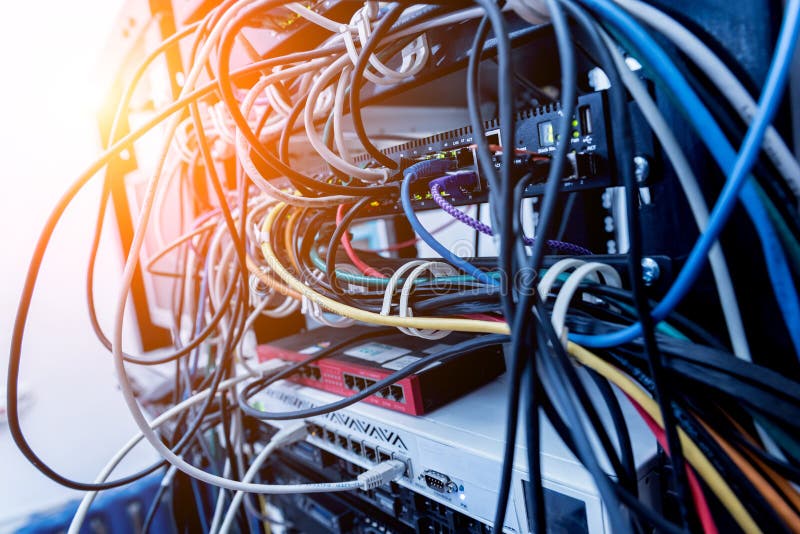 Server Room with Computers for Internet. Network Cables Connected To ...