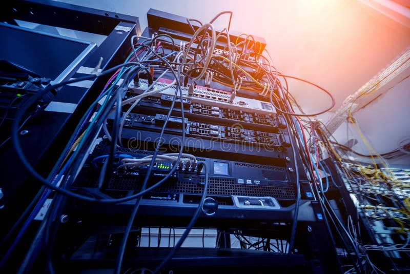 Server Room with Computers for Internet. Network Cables Connected To ...