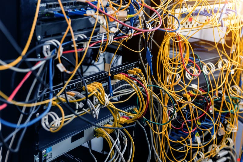Server Room with Computers for Internet. Network Cables Connected To ...