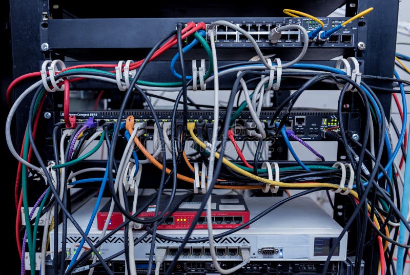 Server Room with Computers for Internet. Network Cables Connected To ...