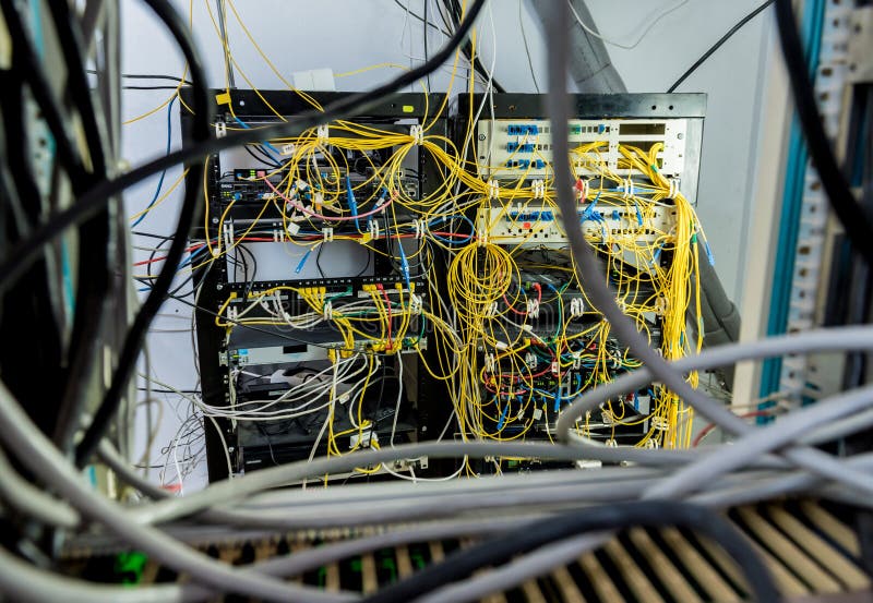 Server Room with Computers for Internet. Network Cables Connected To ...