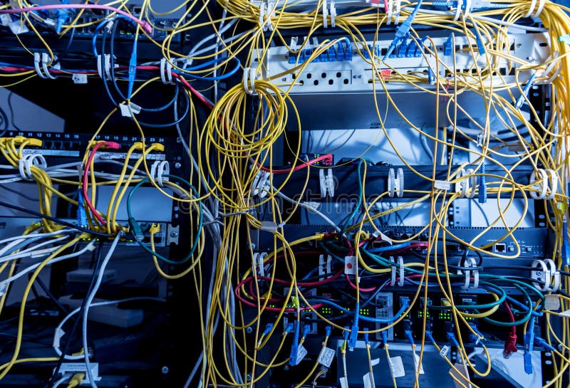 Server Room with Computers for Internet. Network Cables Connected To ...