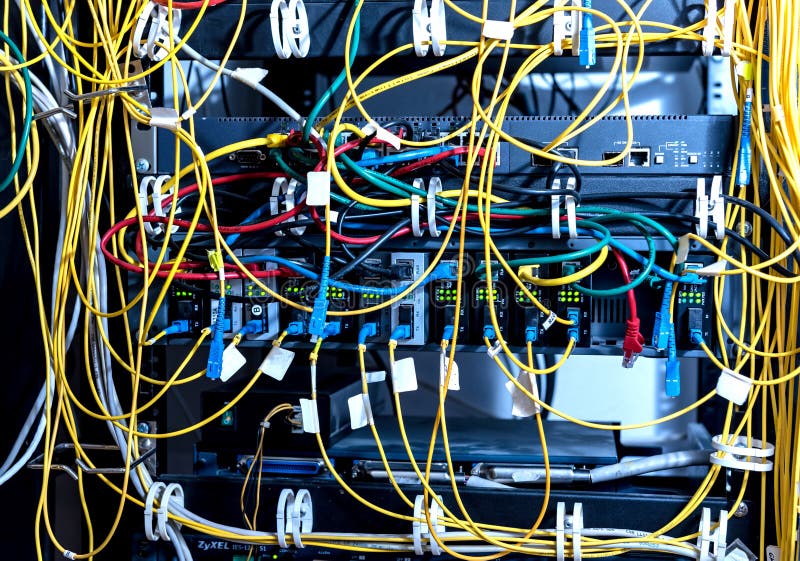 Server Room With Computers For Internet. Network Cables Connected To ...