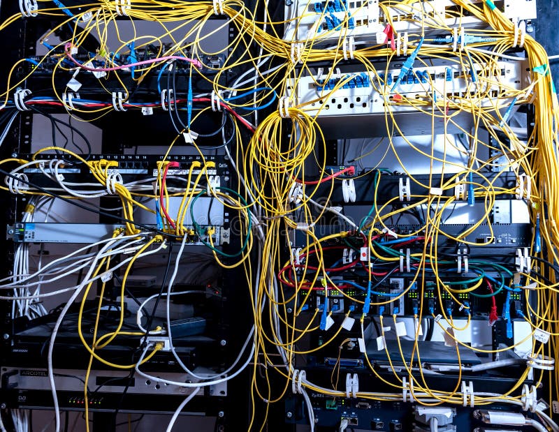 Server Room with Computers for Internet. Network Cables Connected To ...